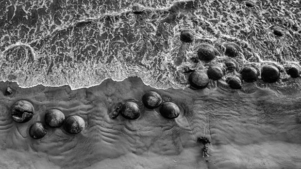 Overhead viewe of the Moeraki Boulders NZ at Sunrise - The Landscape Awards